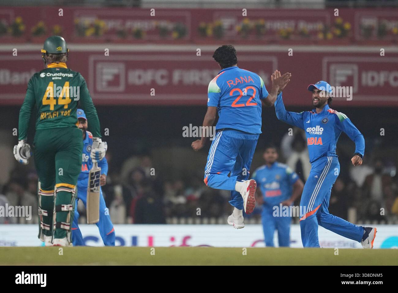 India's Harshit Rana, second from right, celebrates the wicket of South ...