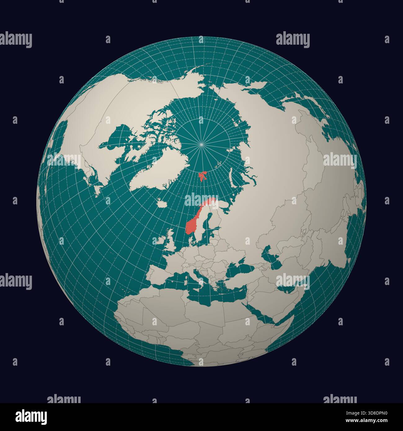 Norway on the map. Globe centered on Norway. Country location on the ...