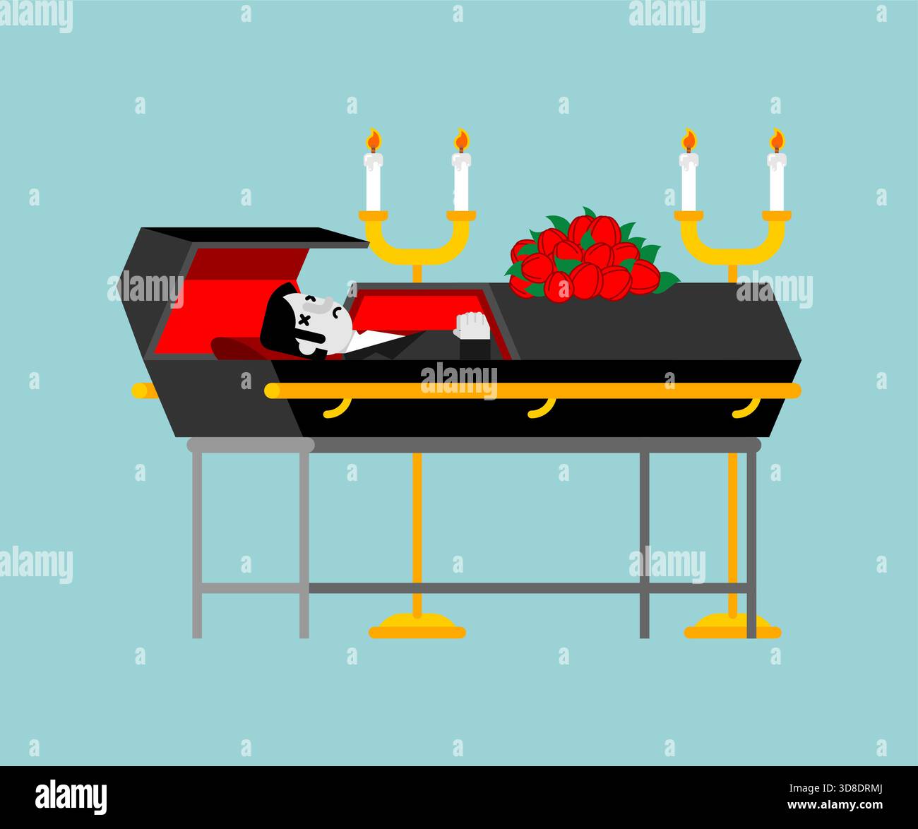 Funeral ceremony setup with a coffin, wreath, and candelabras. Complete ...