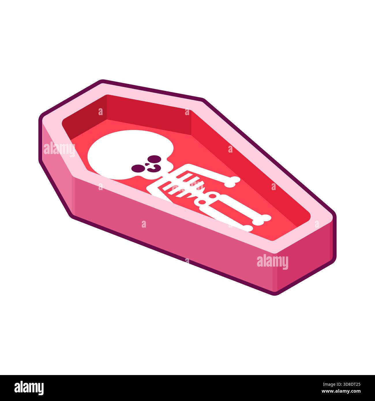 Cute pink coffin with skeleton inside. Kawaii vector illustration of a ...