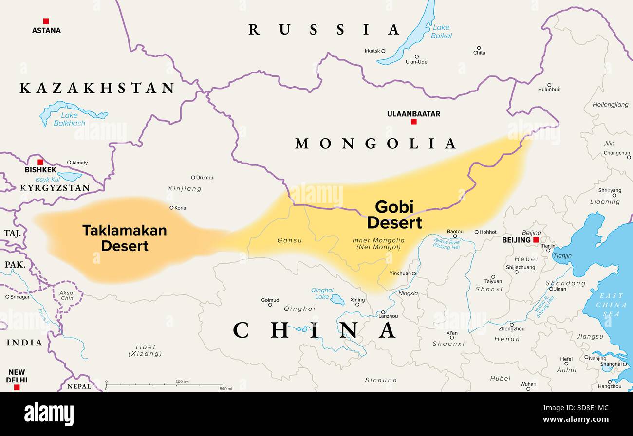 Gobi and Taklamakan Desert, political map. Gobi Desert in southern ...