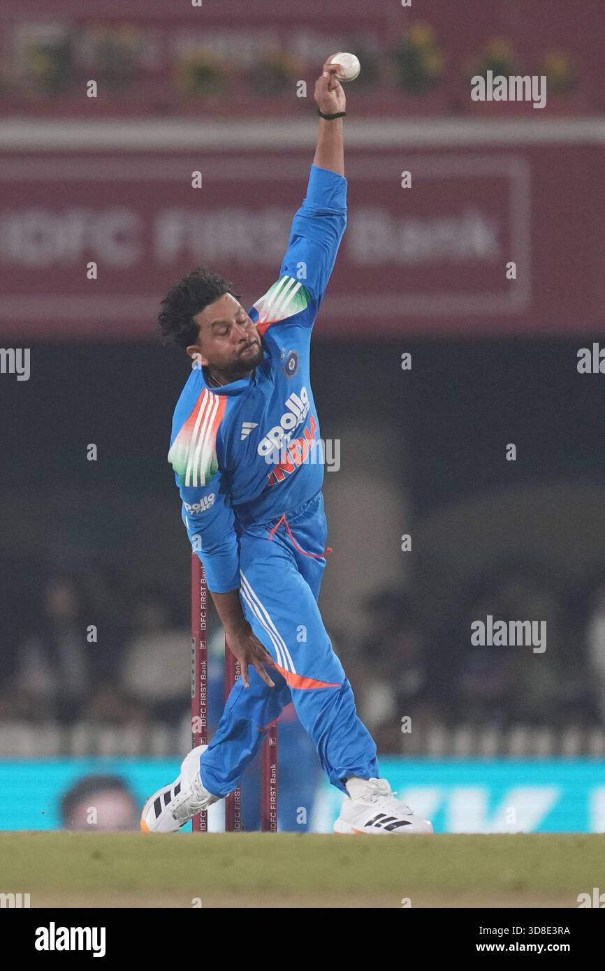 India's Kuldeep Yadav bowls a delivery during the first One Day ...