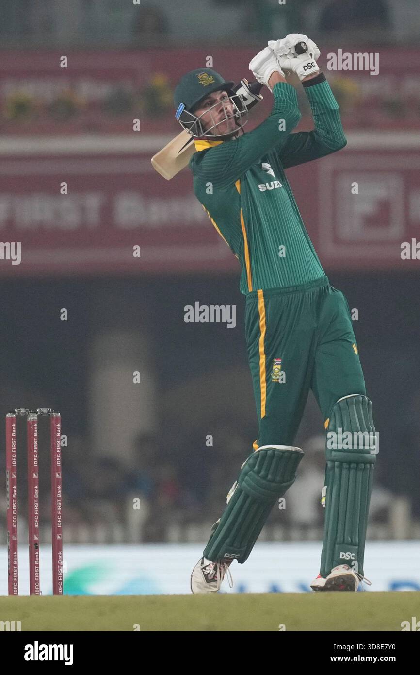 South Africa's Marco Jansen plays a shot during the first One Day International match between ...