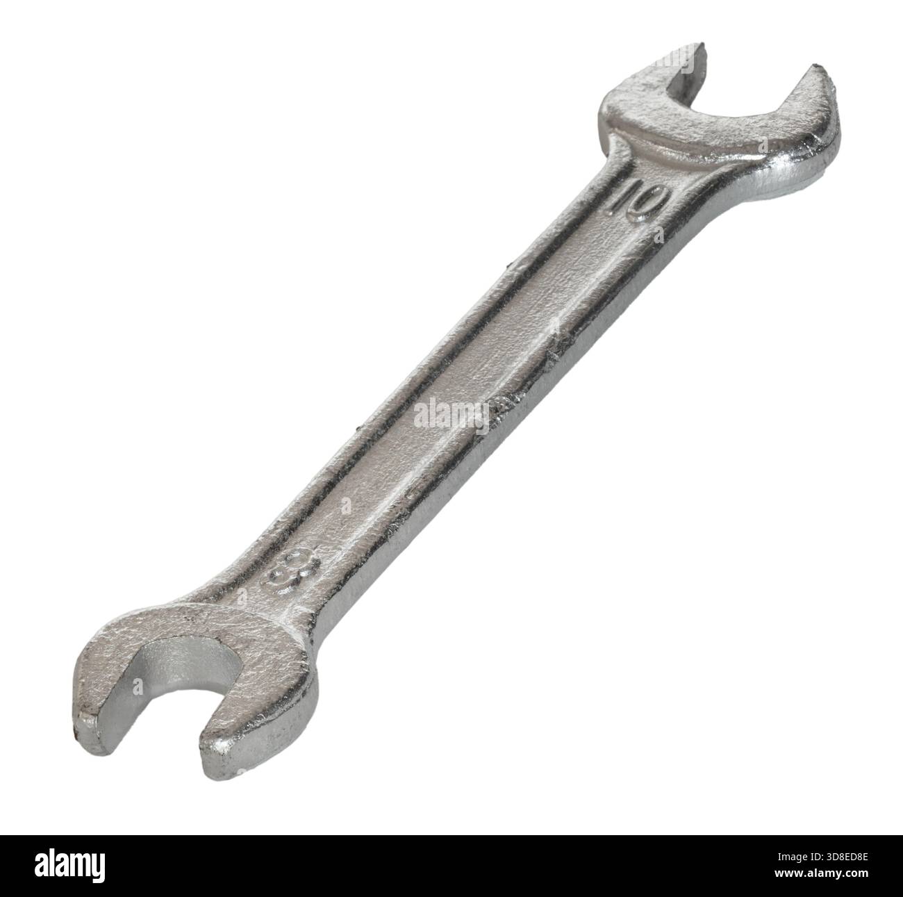 Slight angled look at a steel wrench with two sized ends with the 8 mm ...