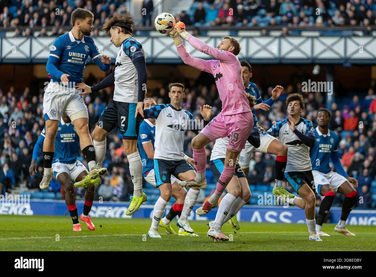 Govan, Scotland. 30 November 2025. Scott Bain of Falkirk FC comes off ...