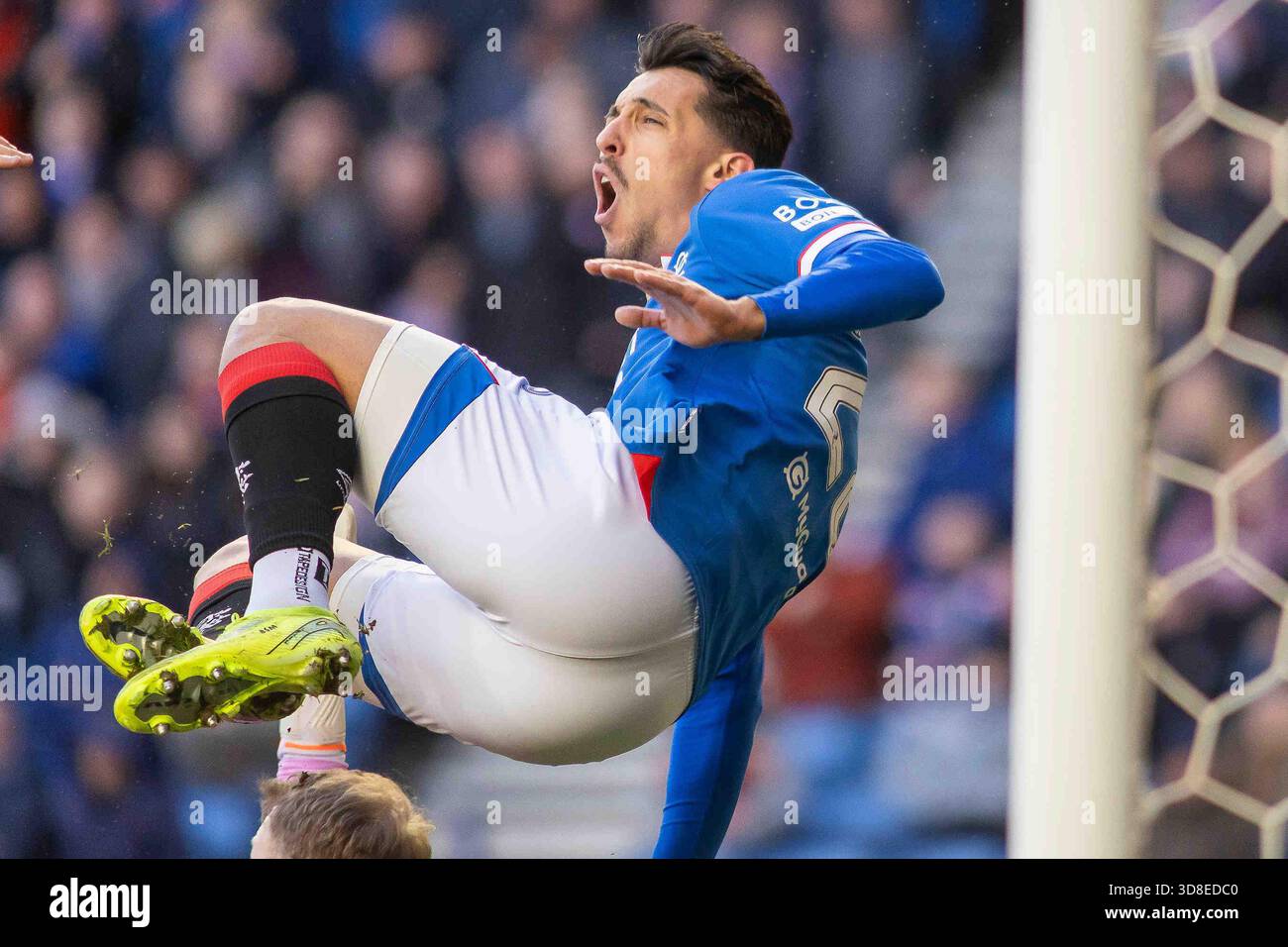 Govan, Scotland. 30 November 2025. Bojan Miovski of Rangers FC sent ...