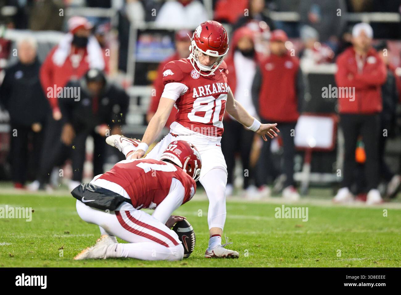 November 29, 2025: Arkansas place kicker Scott Starzyk (80) prepares to ...