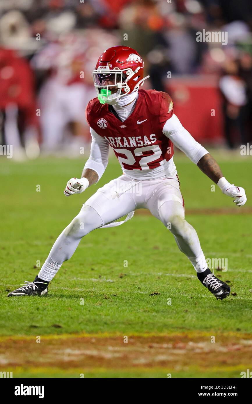 November 29, 2025: Caleb Wooden (22) Arkansas safety moves laterally ...
