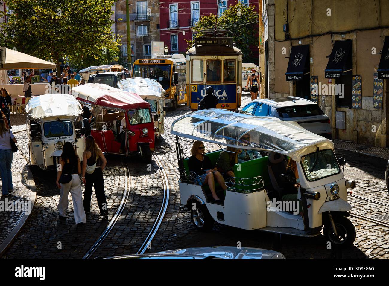 Portugal capital city Lisbon, Largo Portas do Sol and trams and tuk ...