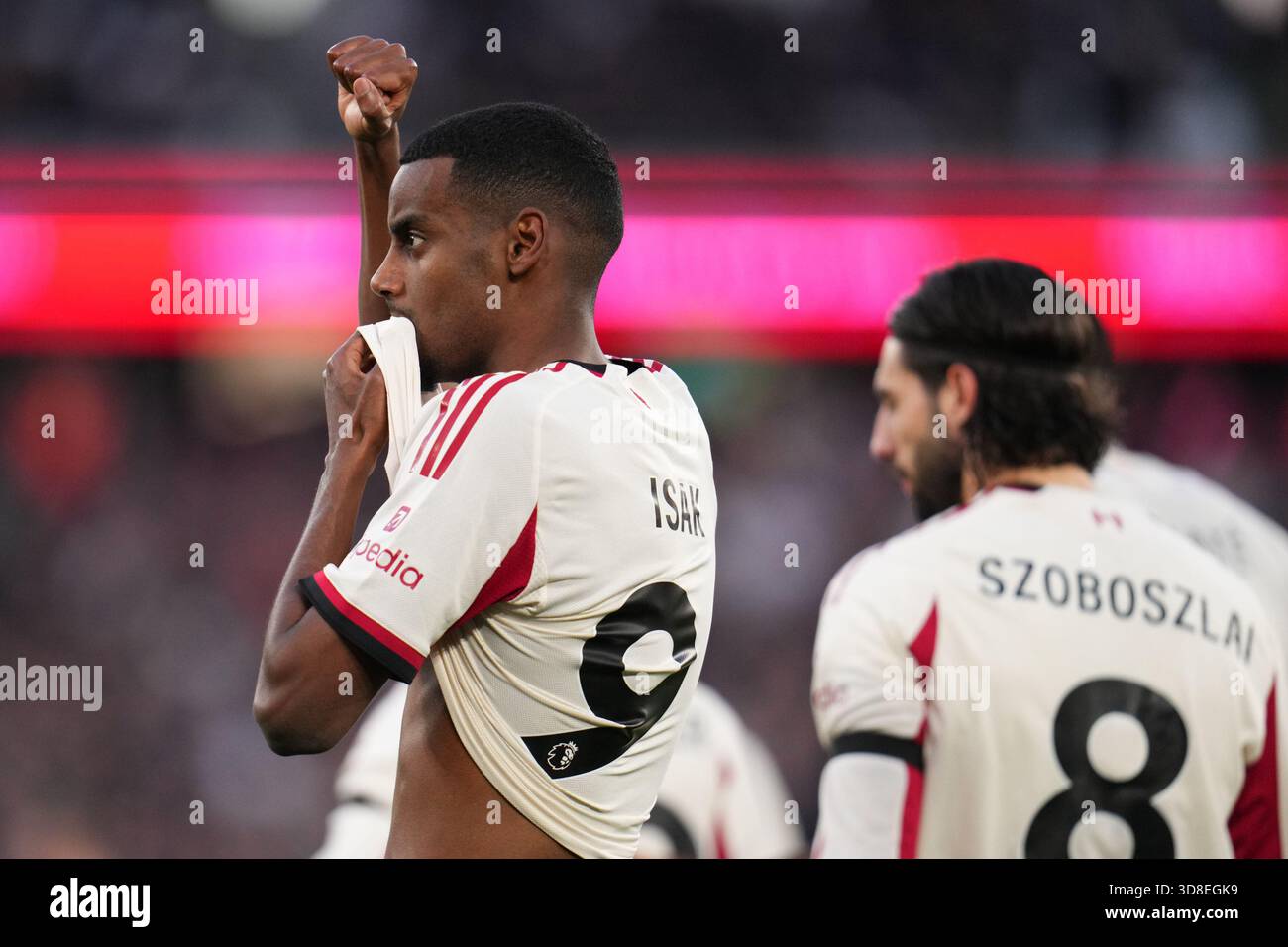 Alexander Isak of Liverpool celebrates to Liverpool fans during the ...