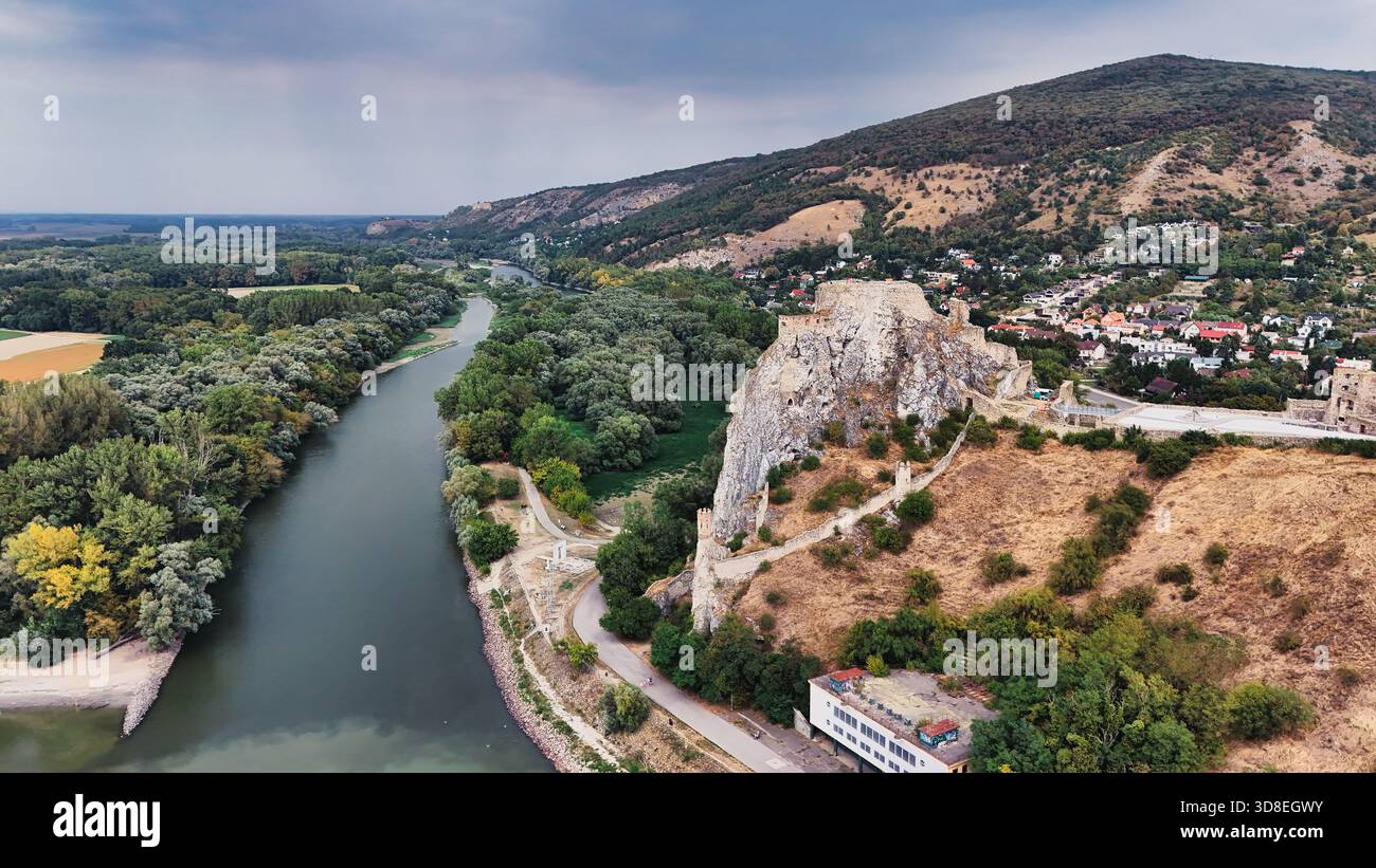 Aerial View of Medieval Devin Castle Ruins on Limestone Cliff Stock ...