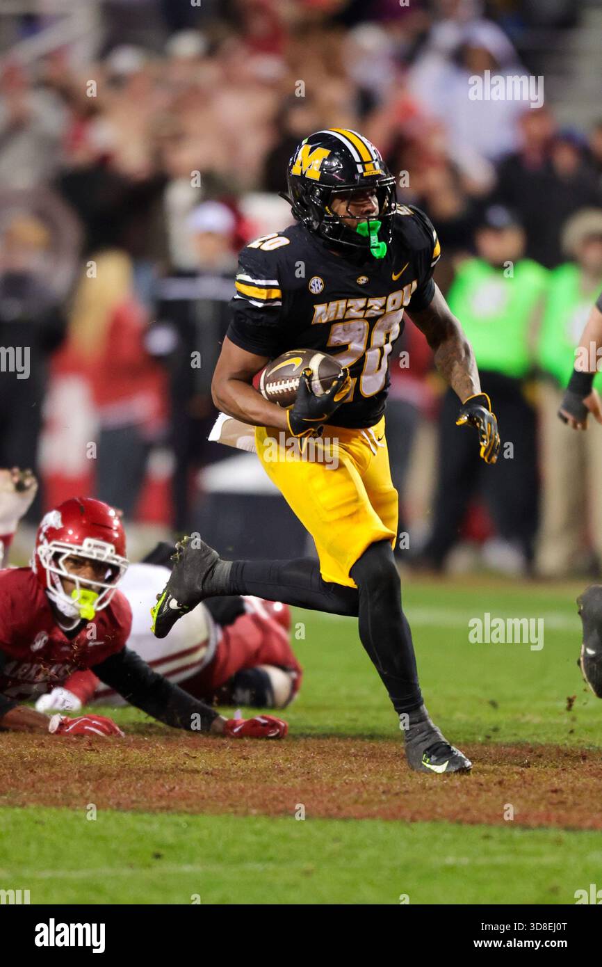 November 29, 2025: Missouri running back Jamal Roberts (20) comes up ...