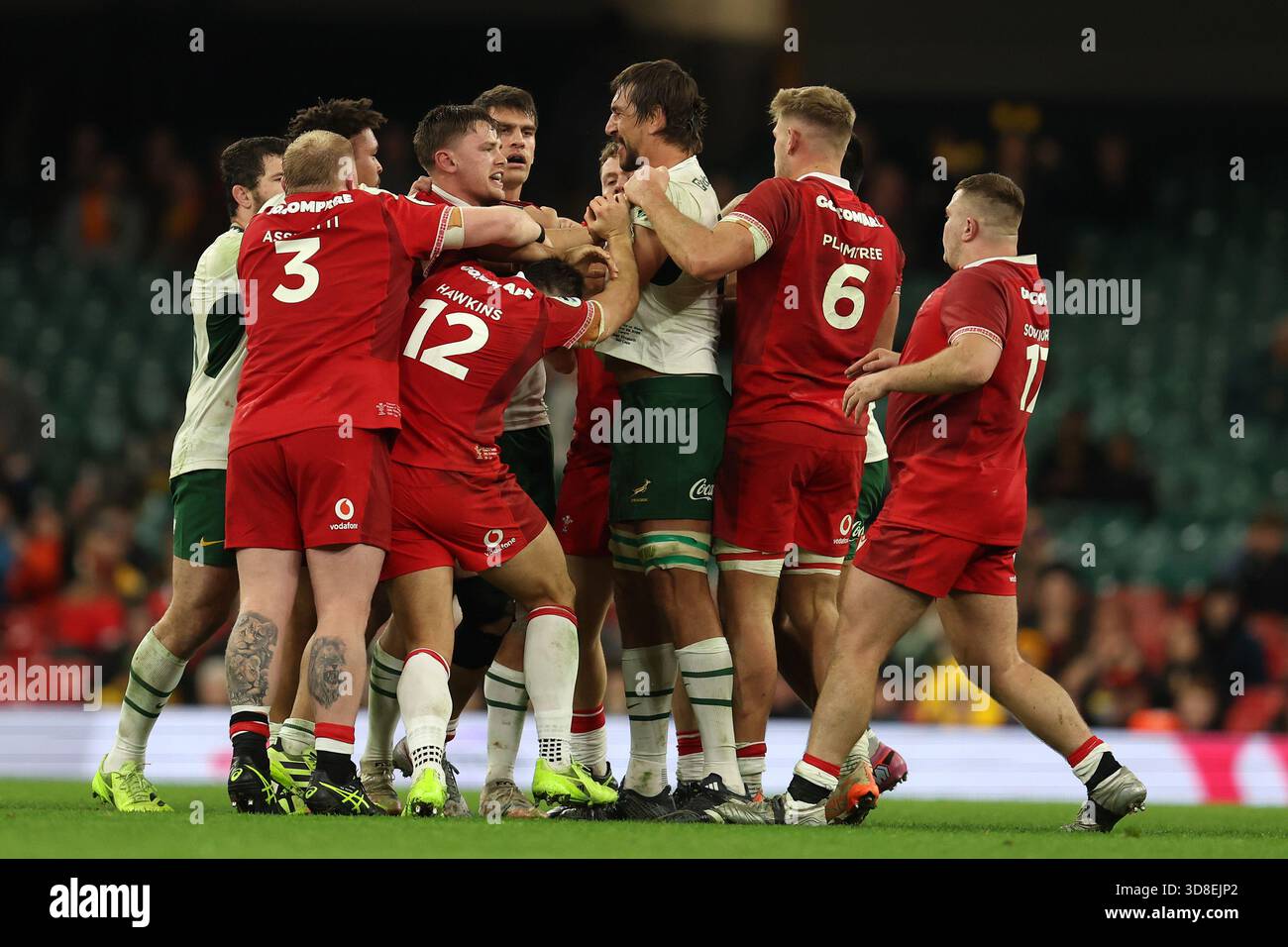 Eben Etzebeth of South Africa clashes with Wales players before getting ...