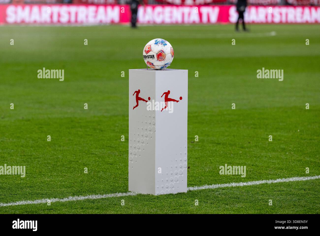Match ball Derbystar on a pedestal with the DFL Bundesliga [Bundesliga ...