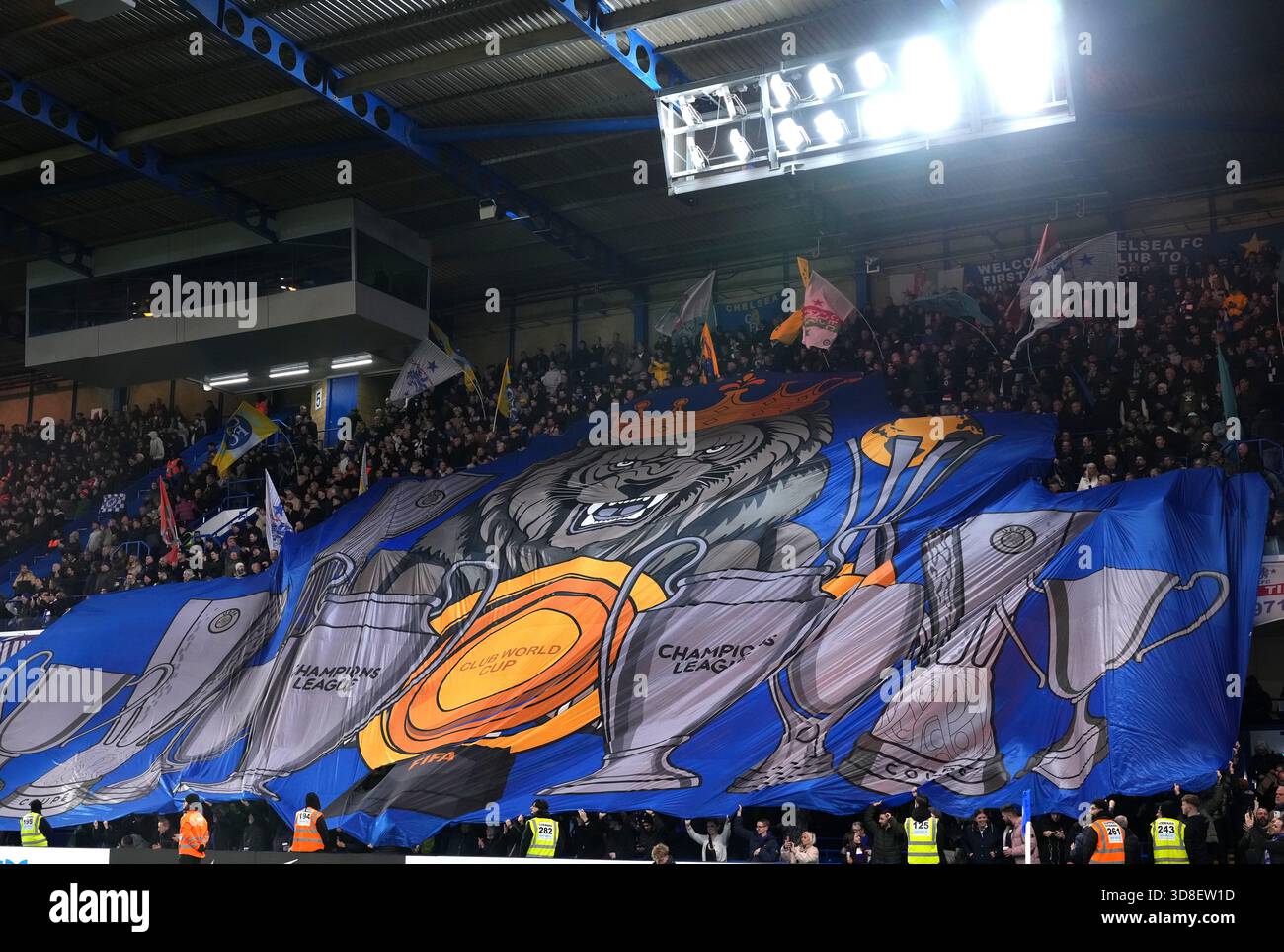A general view of a large banner showcasing various trophy that Chelsea ...