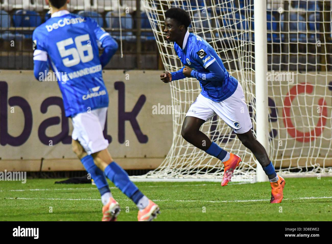 Jong Genk's Ali Camara celebrates after scoring during a soccer game ...