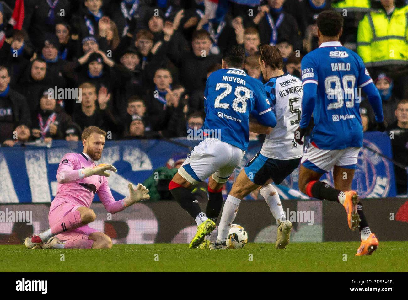 Govan, Scotland. 30 November 2025. Scott Bain of Falkirk FC goes to ...