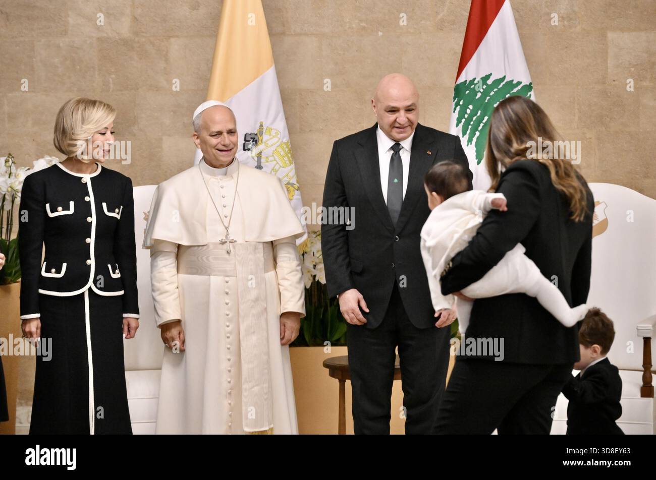 Pope Leo XIV poses for a photo with Lebanese President Joseph Aoun ...