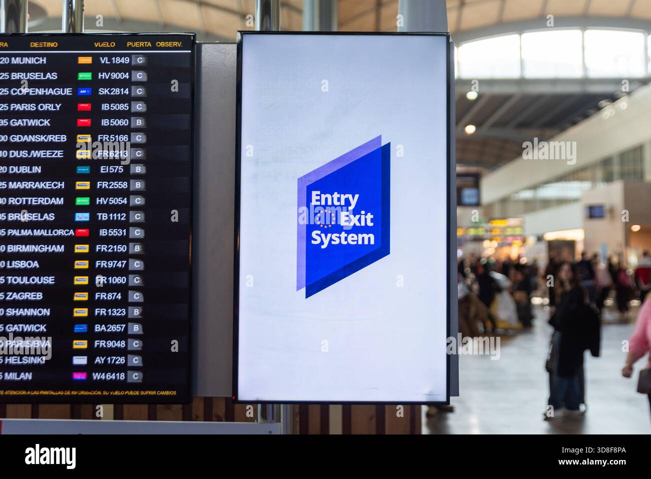 Entry Exit System, EES, message sign for passengers at Alicante airport ...