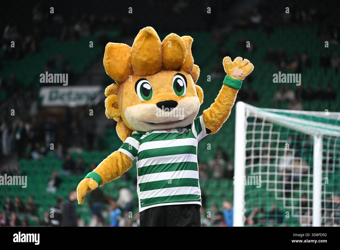 Lisbon, Portugal. 30 November 2025. Jubas Sporting team mascote cheers ...