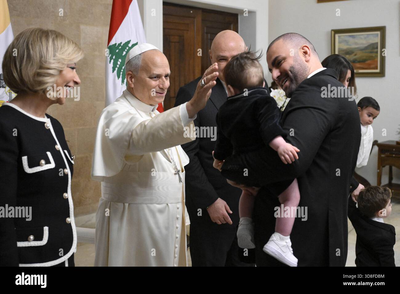 Pope Leo XIV is welcomed by Lebanon's President Joseph Aoun and his ...