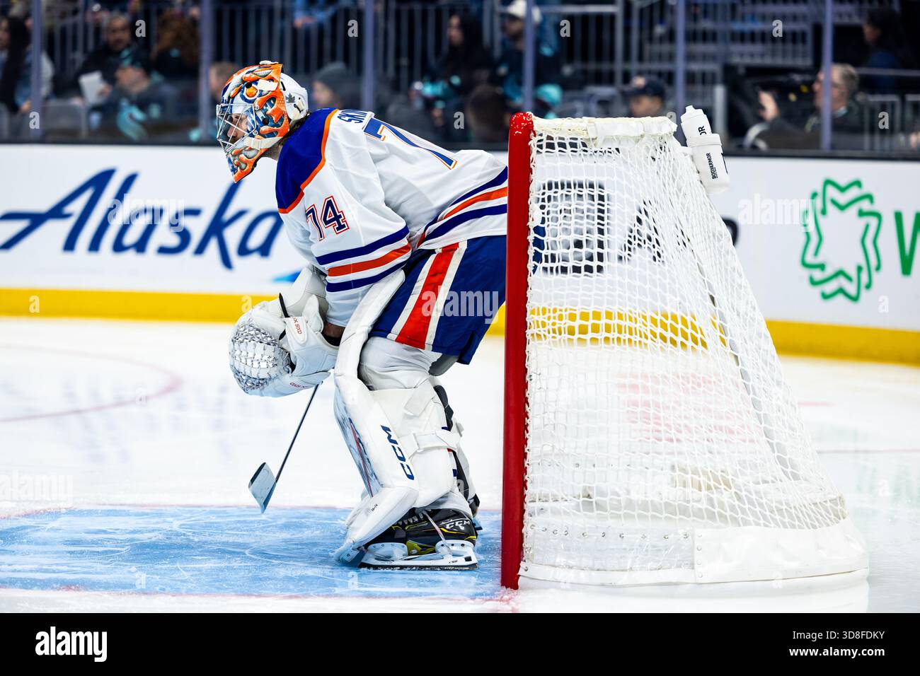 Edmonton Oilers goaltender Stuart Skinner defends the net during an NHL ...
