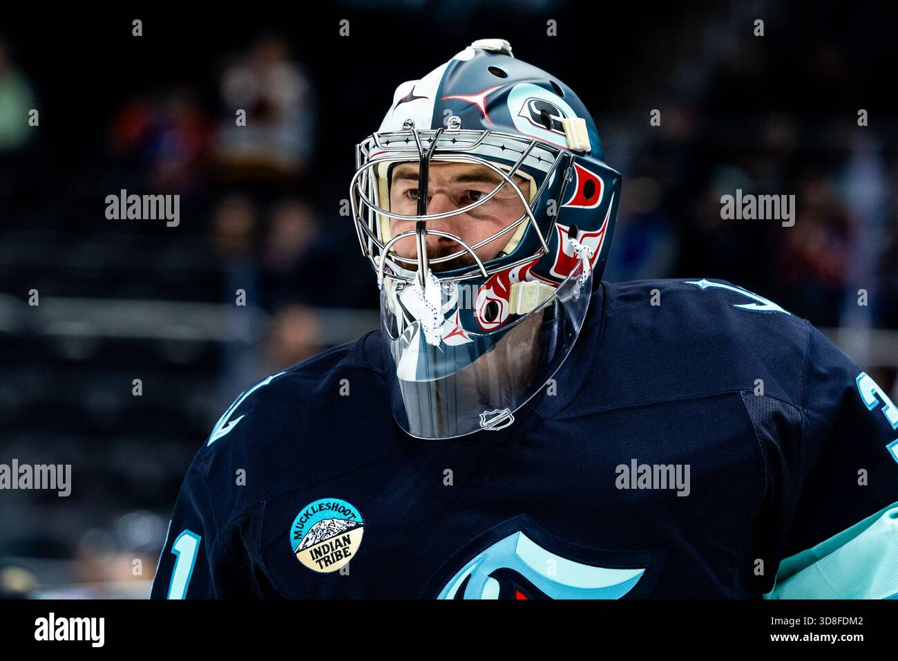 Seattle Kraken goaltender Philipp Grubauer looks on before an NHL ...