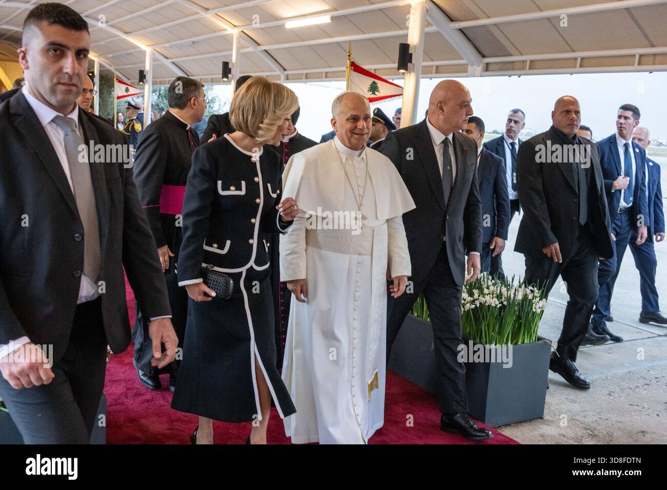 L-R : Nehmat Aoun (First Lady of Lebanon), Pope Leo XIV and Lebanese ...