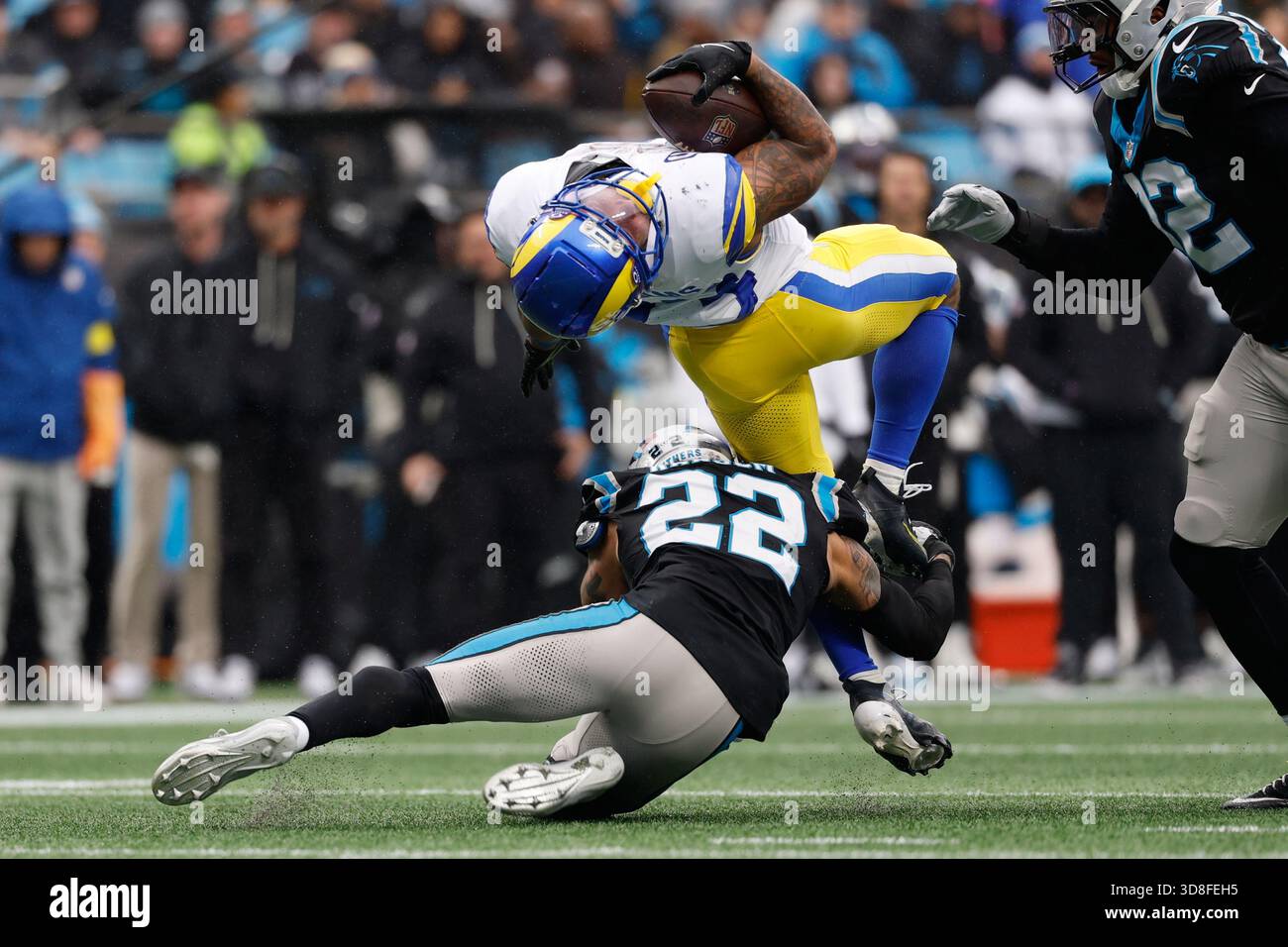 Los Angeles Rams running back Kyren Williams is tackled by Carolina ...