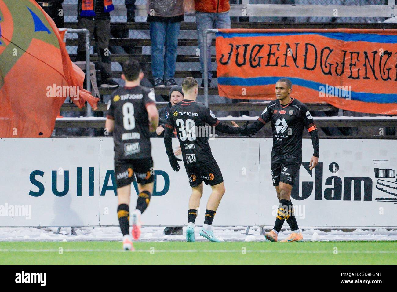Kongsvinger 20251130. Aalesund's Paul Ngongo is congratulated after ...