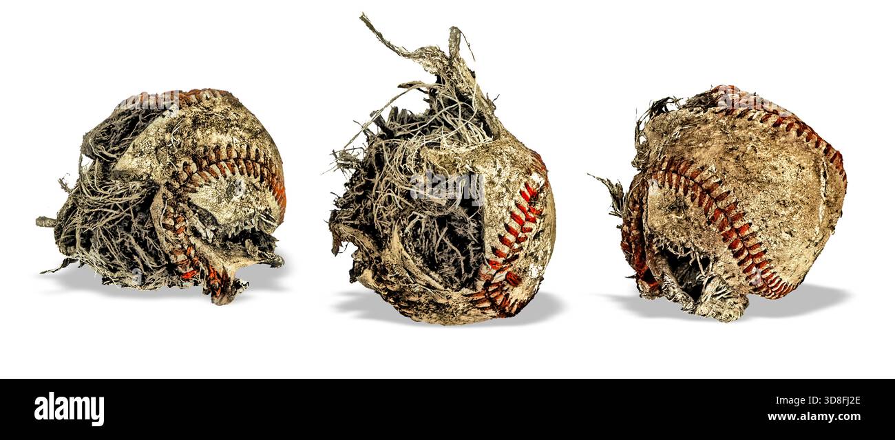 Three views of a dirty baseball in bad shape, torn by a mower, with ...