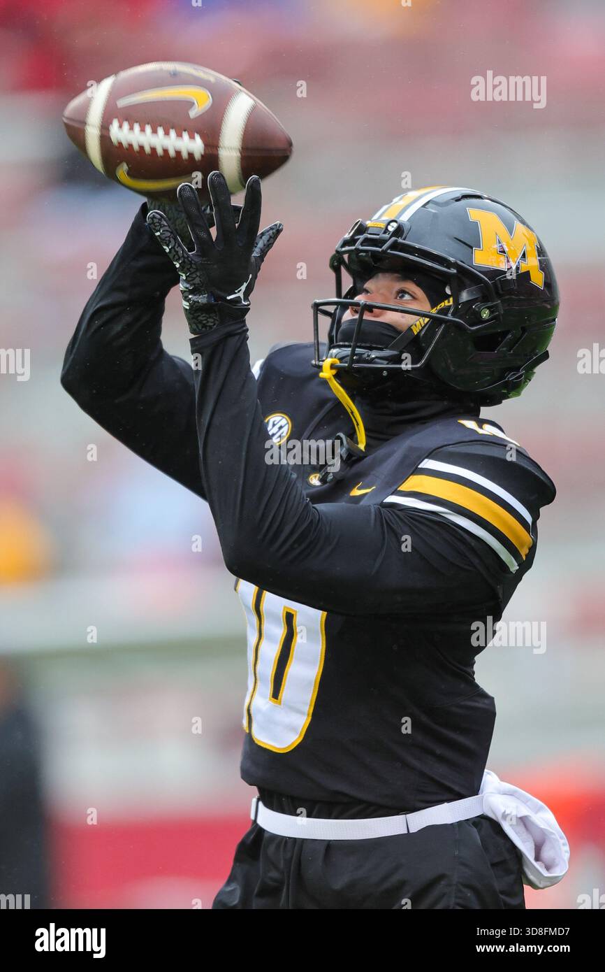 November 29, 2025: Daniel Blood (10) Missouri receiver goes up to make a catch on a ball coming ...