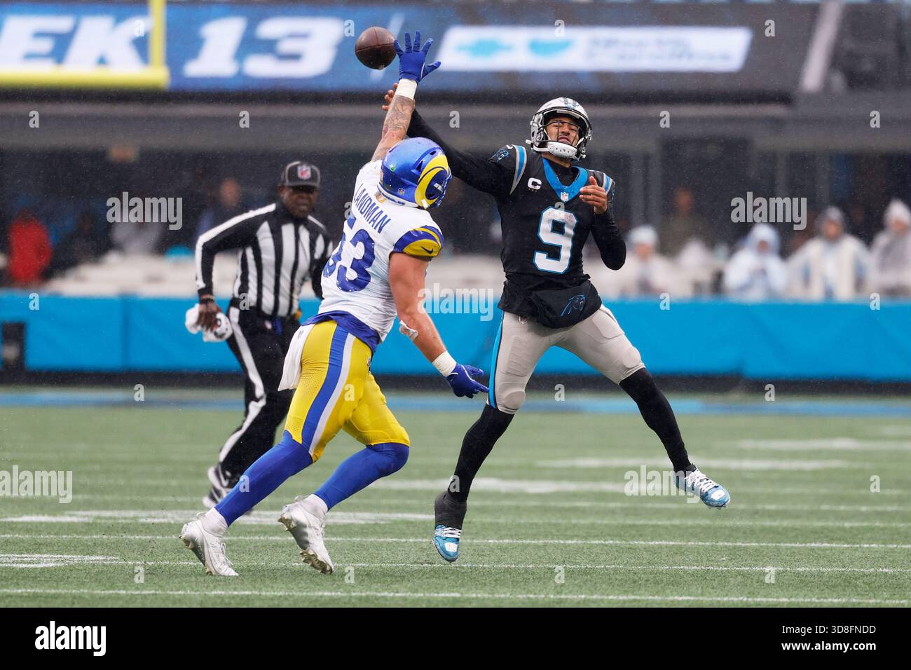 Carolina Panthers quarterback Bryce Young passes over Los Angeles Rams ...