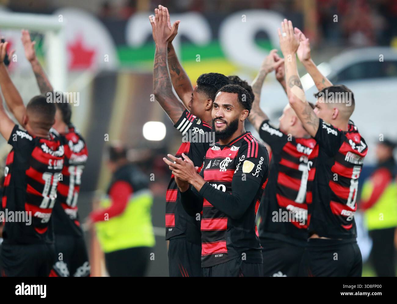 Lima, PERU. 29th Nov, 2025. Flamengo players celebrate at the end of ...