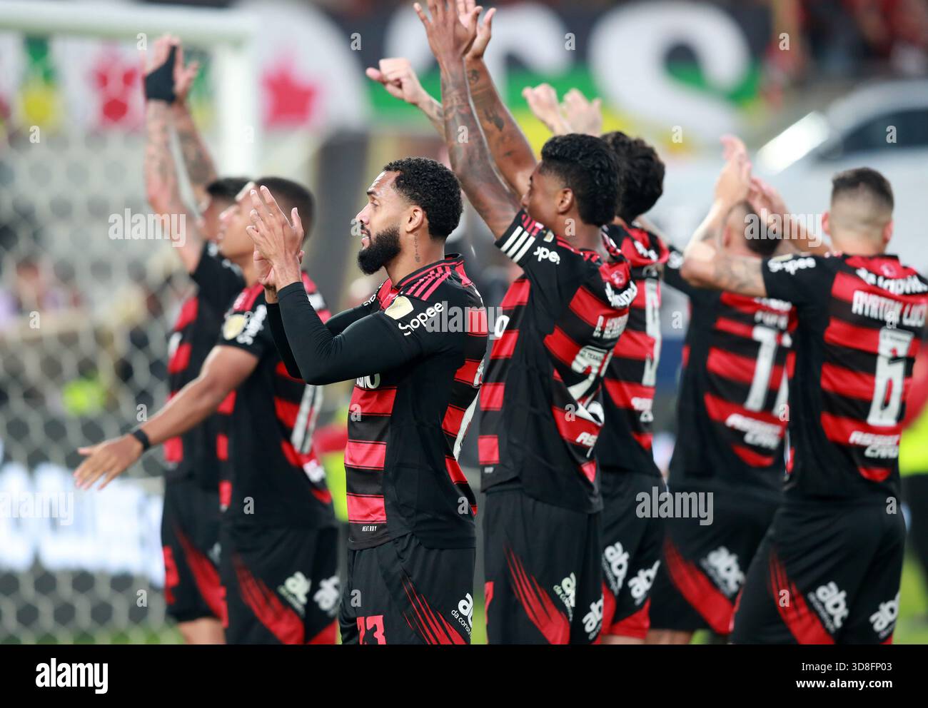 Lima, PERU. 29th Nov, 2025. Flamengo players celebrate at the end of ...