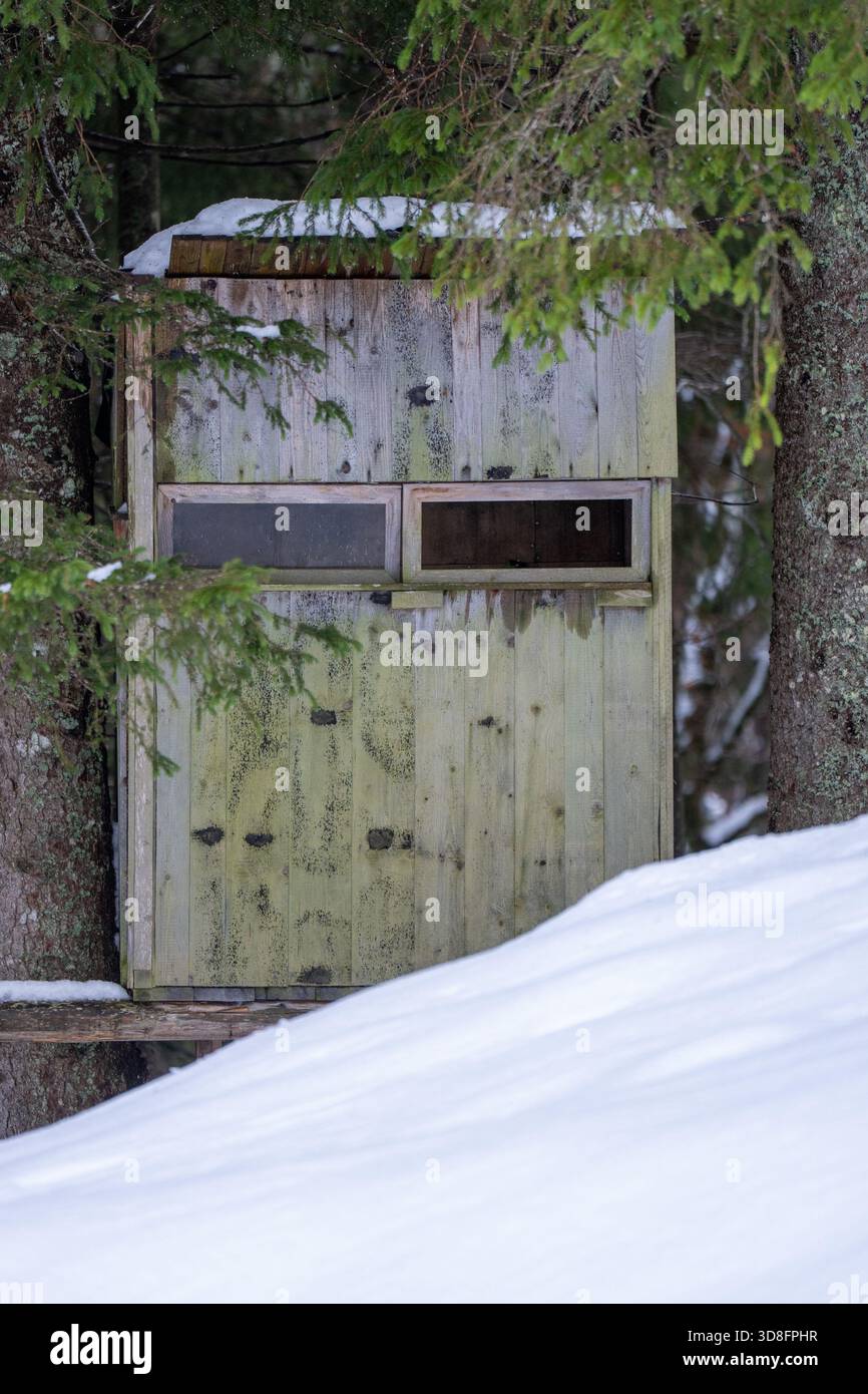 Rustic wooden hunting stand (Hochsitz) partially covered in snow ...