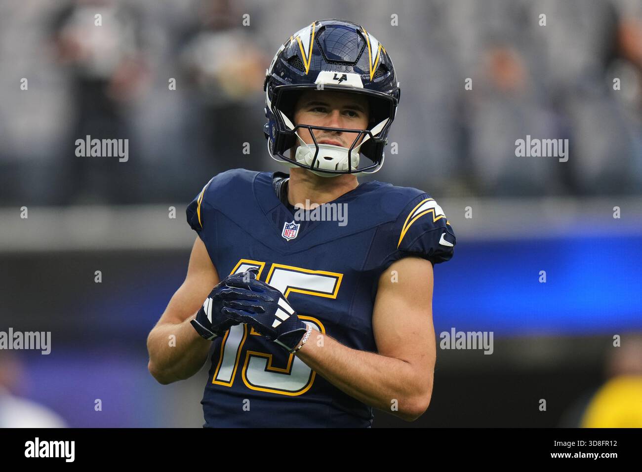 Los Angeles Chargers wide receiver Ladd McConkey warms up before an NFL ...