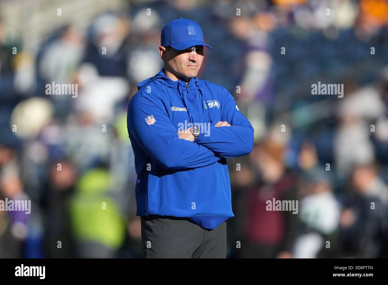 Seattle Seahawks head coach Mike Macdonald looks on before an NFL ...