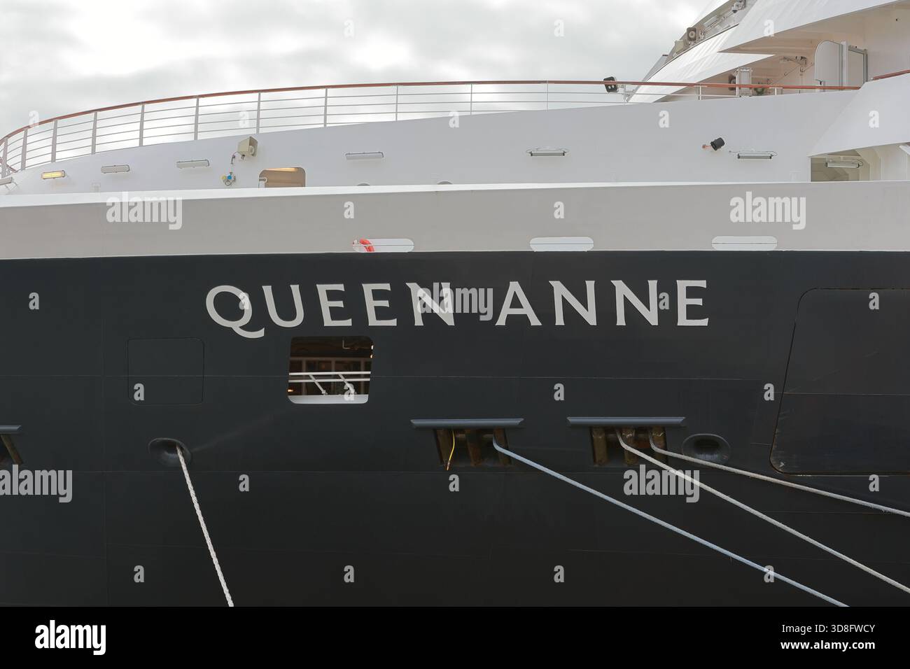 The name Queen Anne adorns the bow of the Cunard cruise ship in Lisbon ...