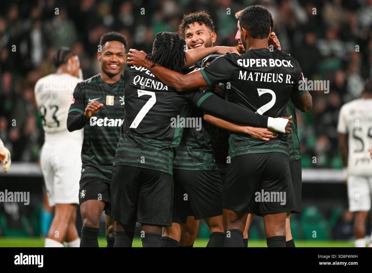 Lisbon, Portugal. 30 November 2025. Players of Sporting CP celebrate ...