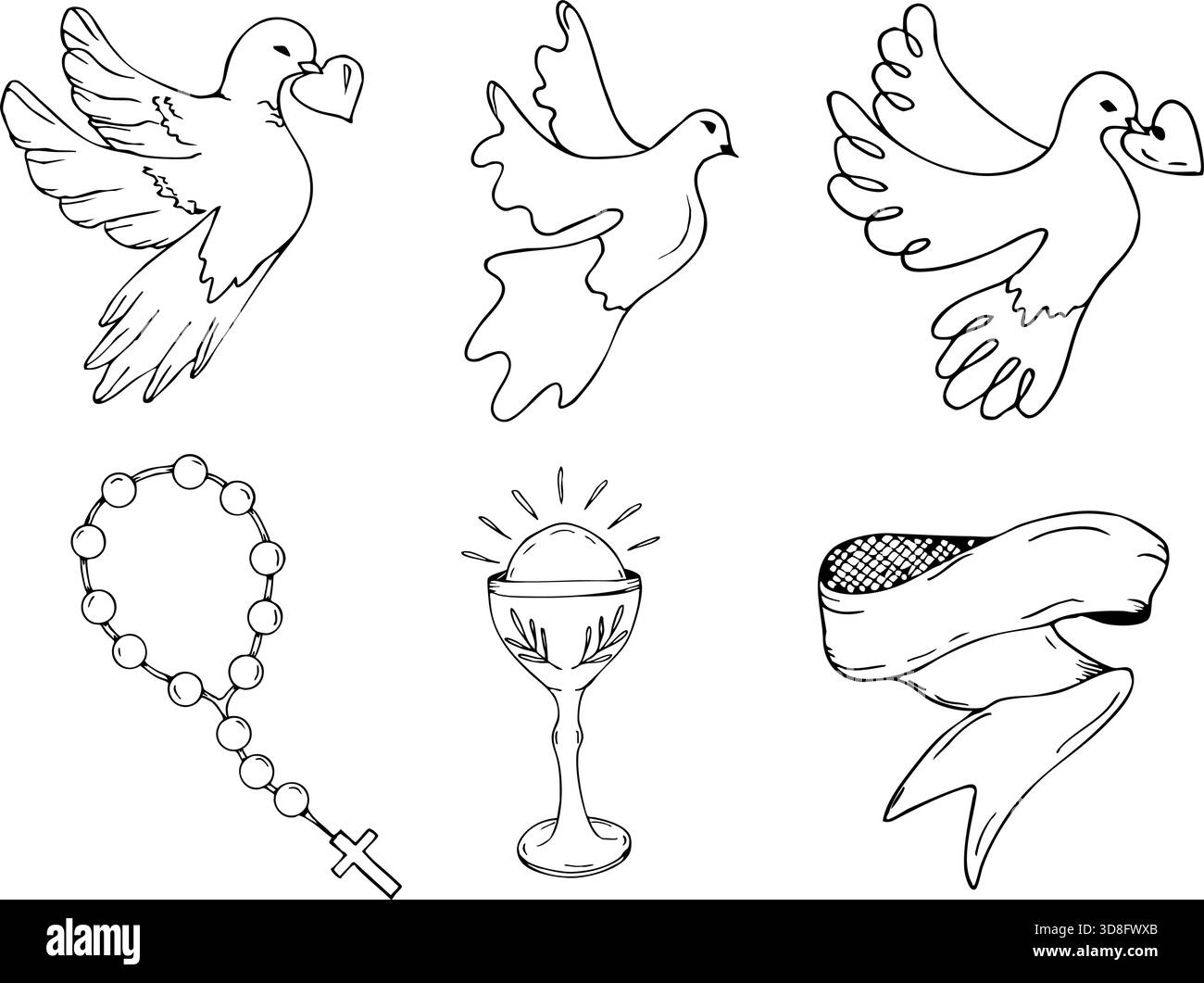 First communion symbols set with doves, rosary, chalice, and banner for ...