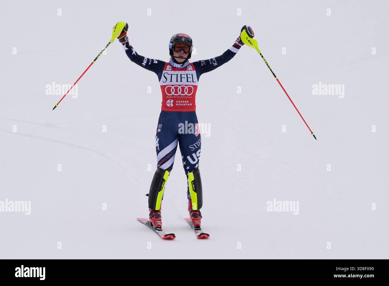 United States' Mikaela Shiffrin celebrates after her run during a World ...