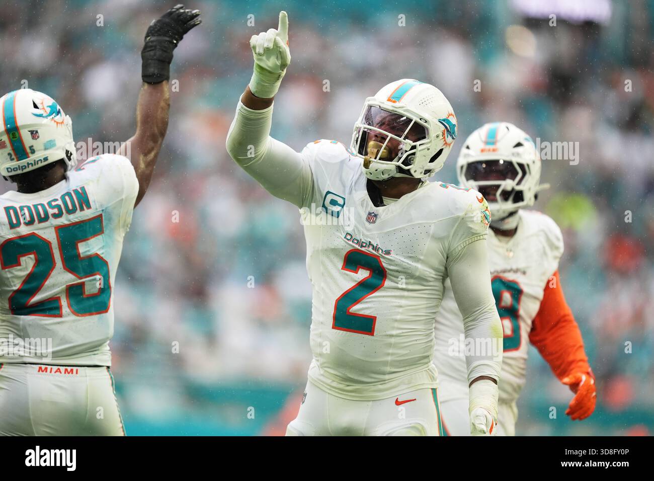 Miami Dolphins linebackers Bradley Chubb (2) and Tyrel Dodson (25 ...
