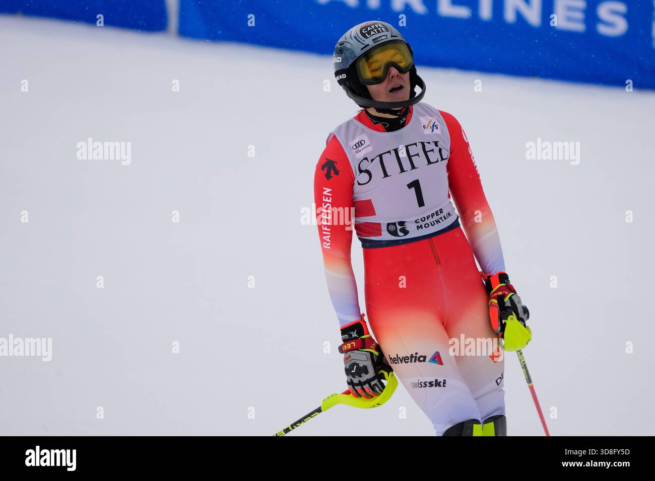 Switzerland's Wendy Holdener reacts after her run during a World Cup ...