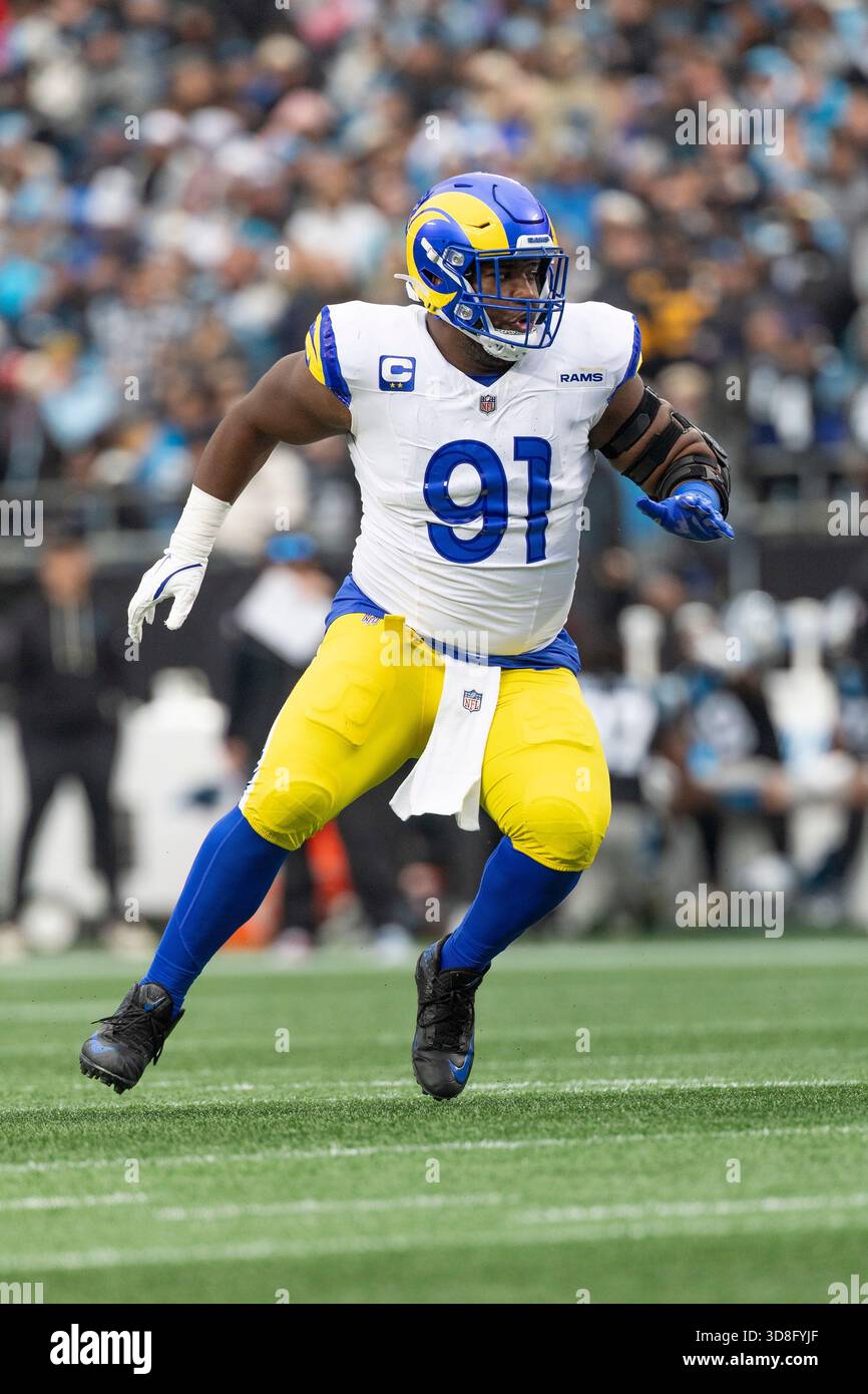 Los Angeles Rams defensive end Kobie Turner plays against the Carolina Panthers during an NFL ...
