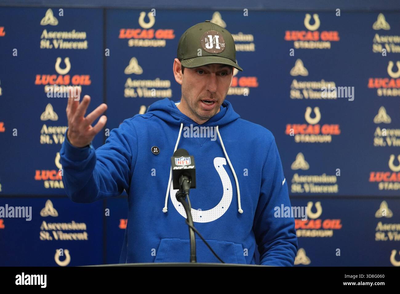 Indianapolis Colts head coach Shane Steichen answers a question after ...