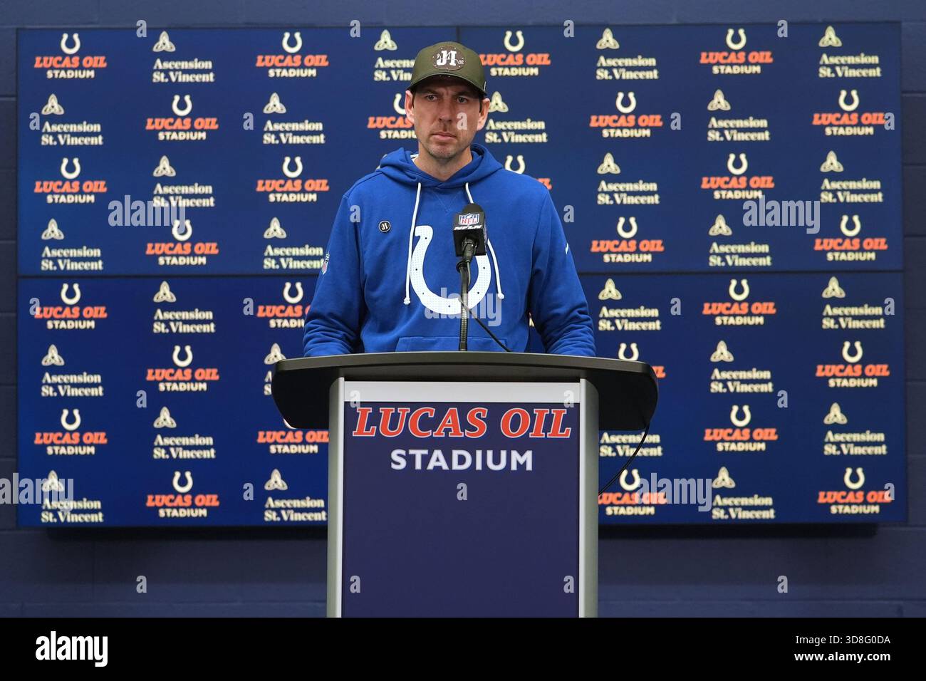 Indianapolis Colts head coach Shane Steichen listens to a question ...