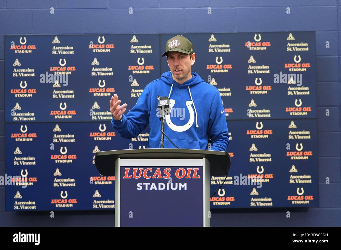 Indianapolis Colts head coach Shane Steichen answers a question after ...