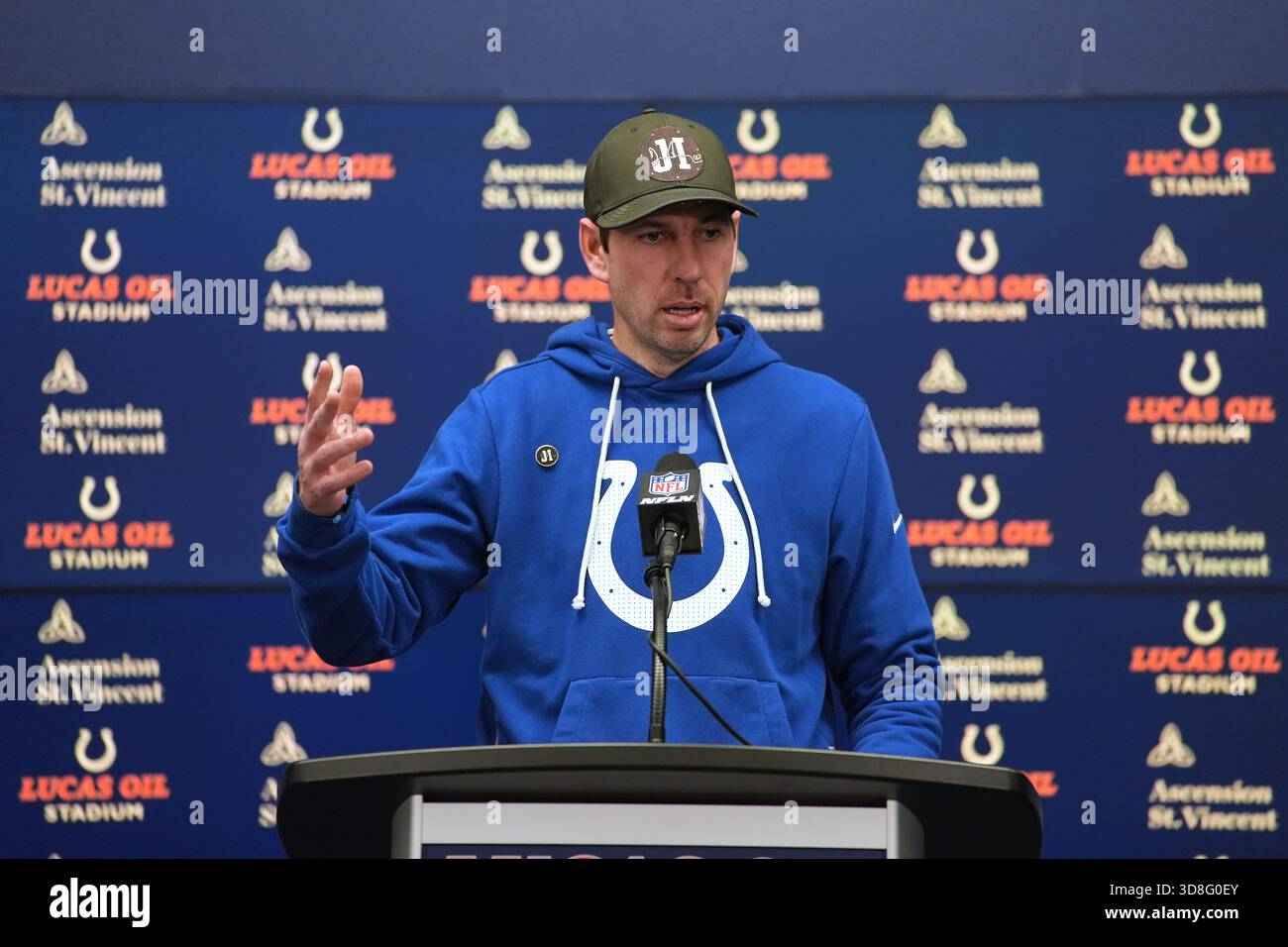Indianapolis Colts head coach Shane Steichen answers a question after ...