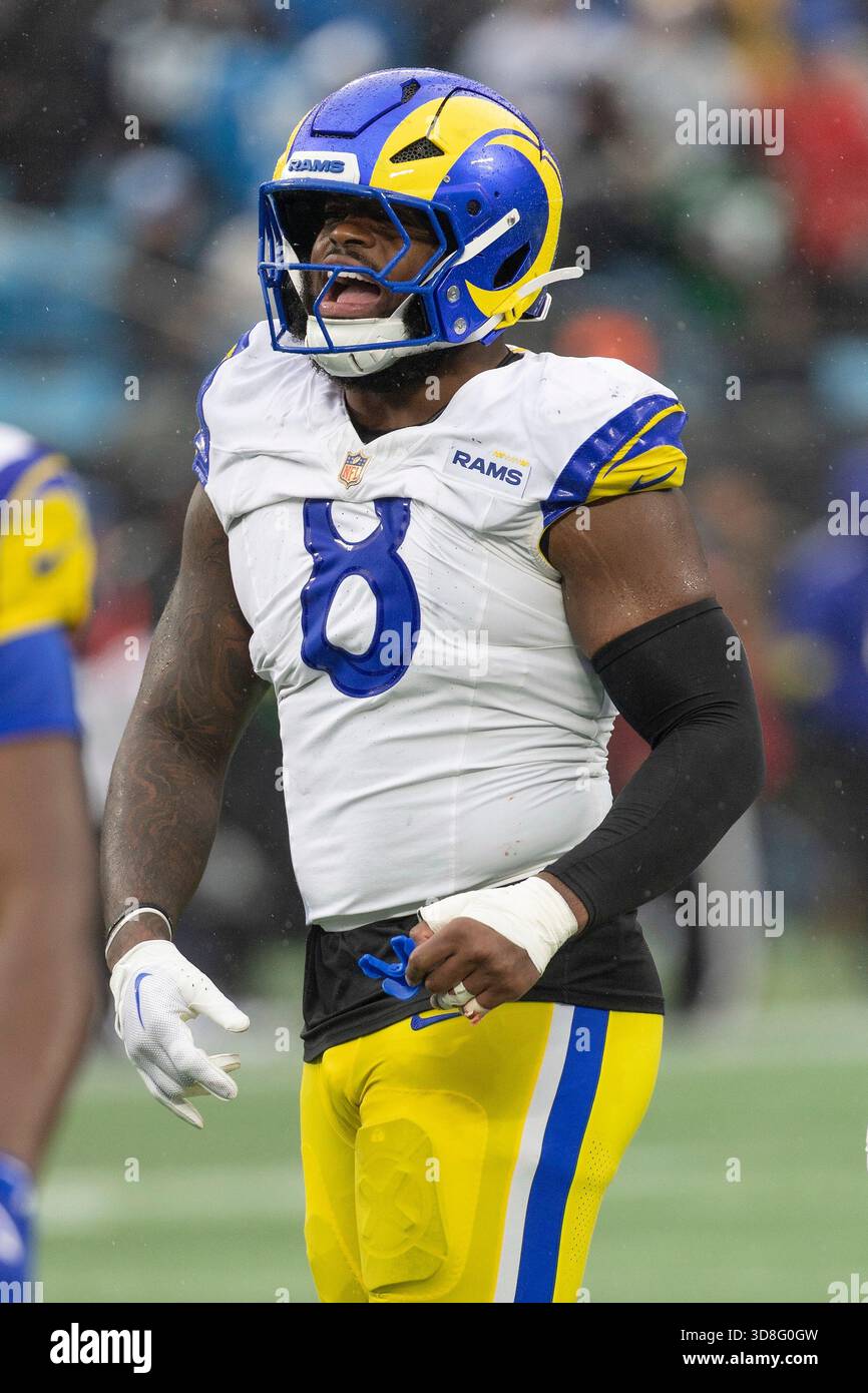 Los Angeles Rams linebacker Jared Verse plays against the Carolina Panthers during an NFL ...